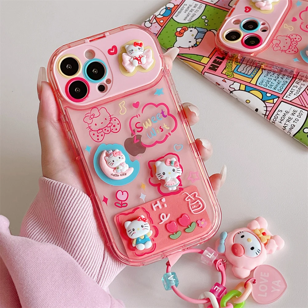 Funda de teléfono con dibujos animados 3D Sanrio Hello Kitty con colgante, espejo de tocador ...