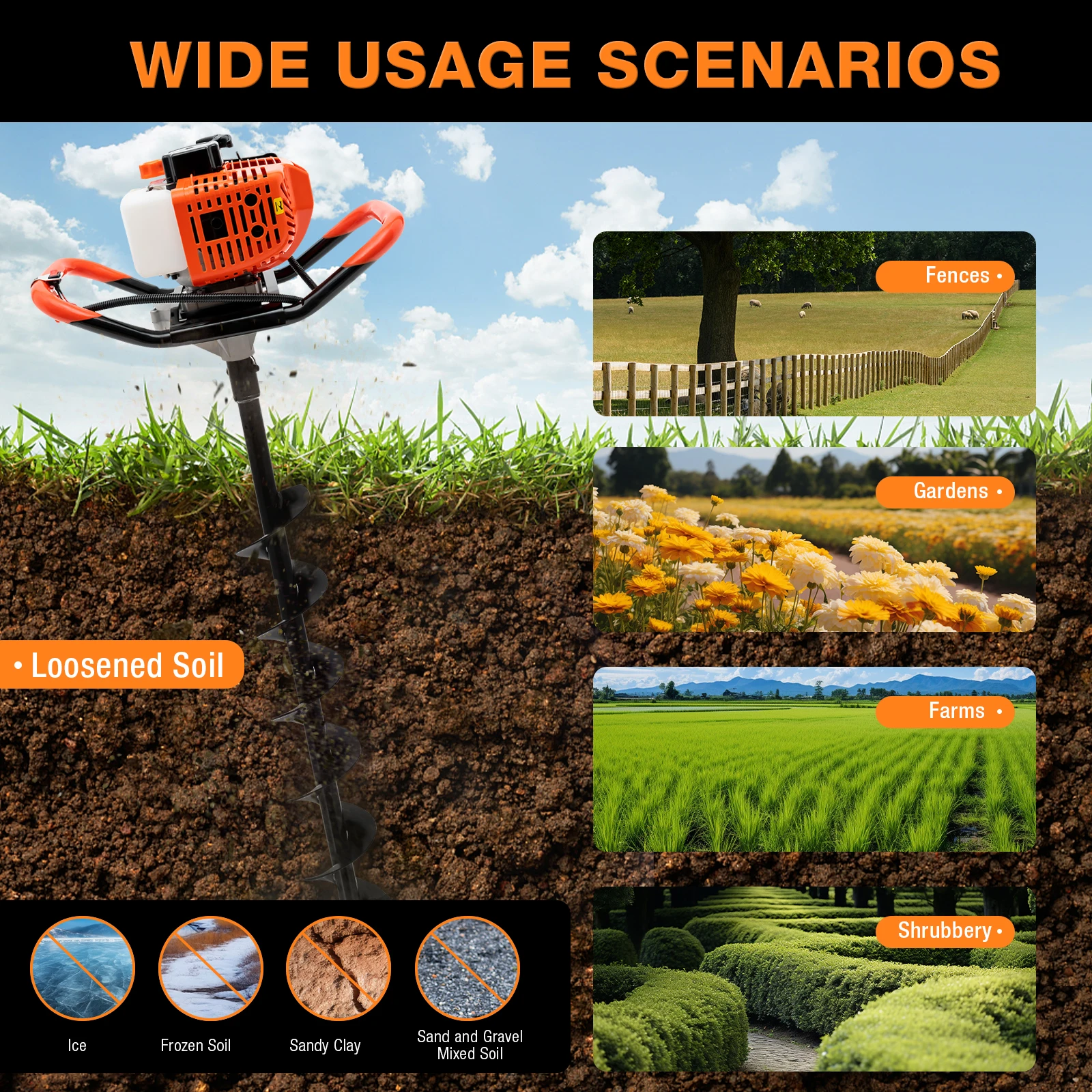 52CC-Petrol-Earth-Auger-Post-Hole-Borer-Ground-Drill-Digger-3-Bits-4-6 ...