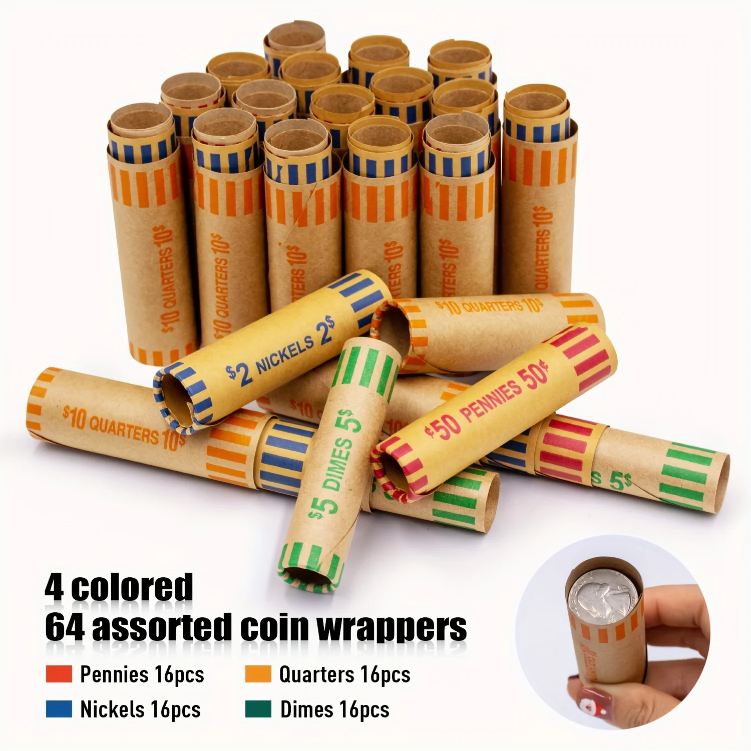 64-Assorted-91Quarters-ABA-Color-Preformed-Coin-Wrappers-Rolls-Coin ...
