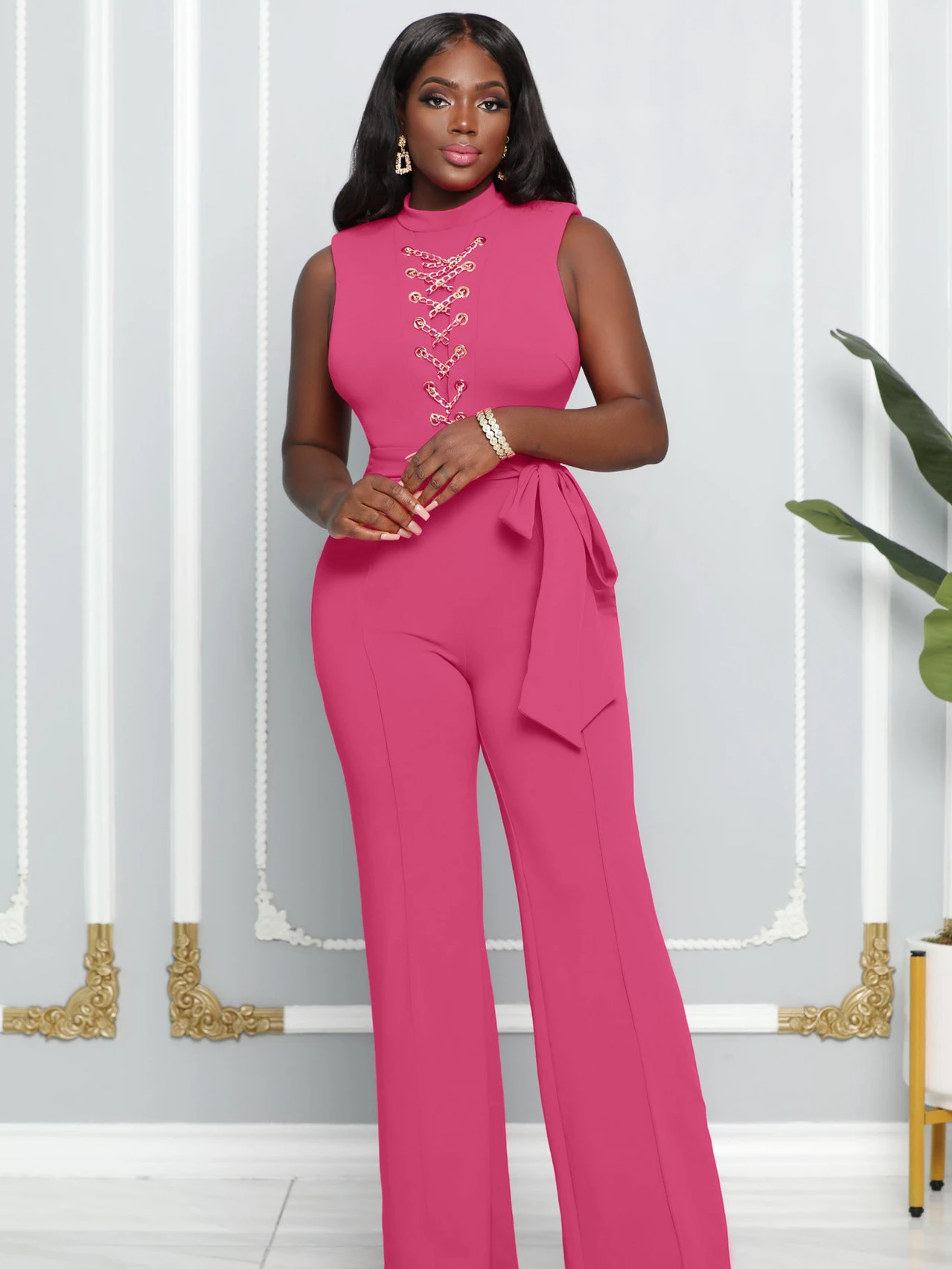 Women Sleeveless Casual Chain Lace Up Slim Jumpsuit 2022 Sleeveless ...