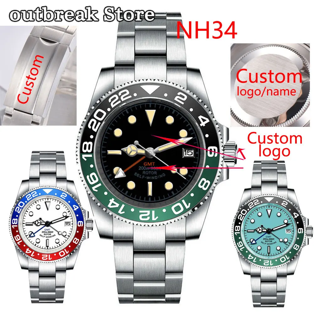 Custom-logo-name-40mm-NH34-Movement-Automatic-Watch-For-Men-GMT ...