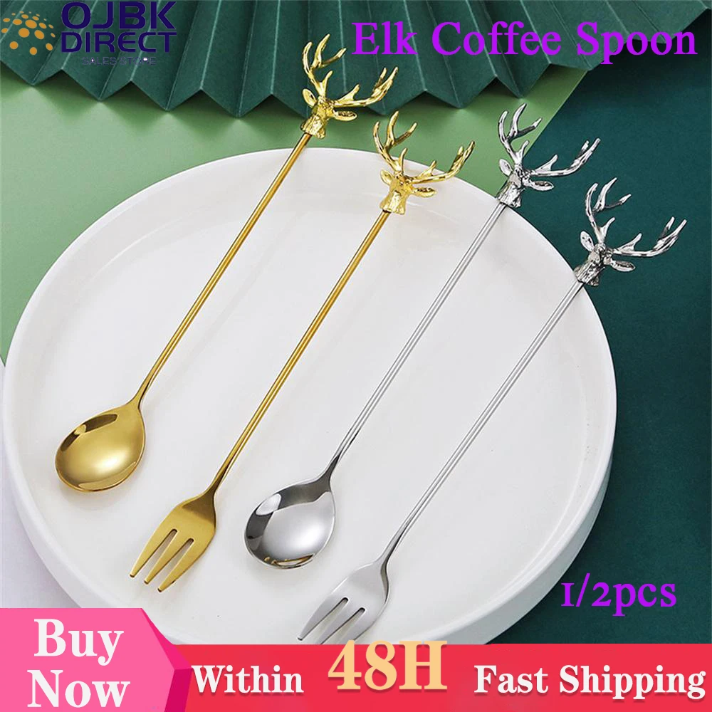 304-Stainless-Steel-Elk-Coffee-Spoon-Long-Handle-Stir-Dessert-Fork ...