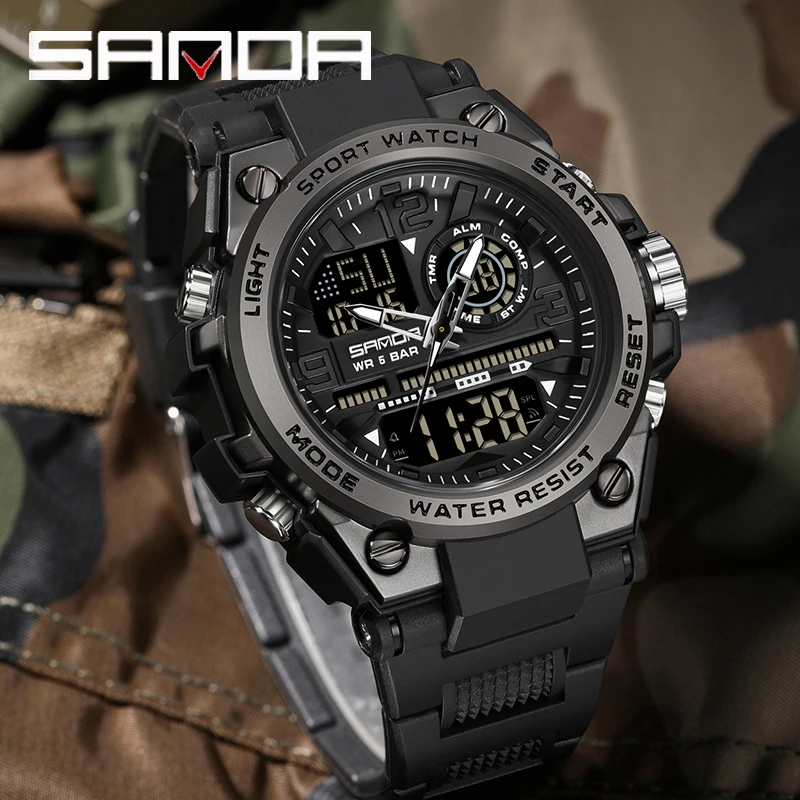 SANDA Men Sports Quartz Watches Dual Display LED Electronic Digital ...