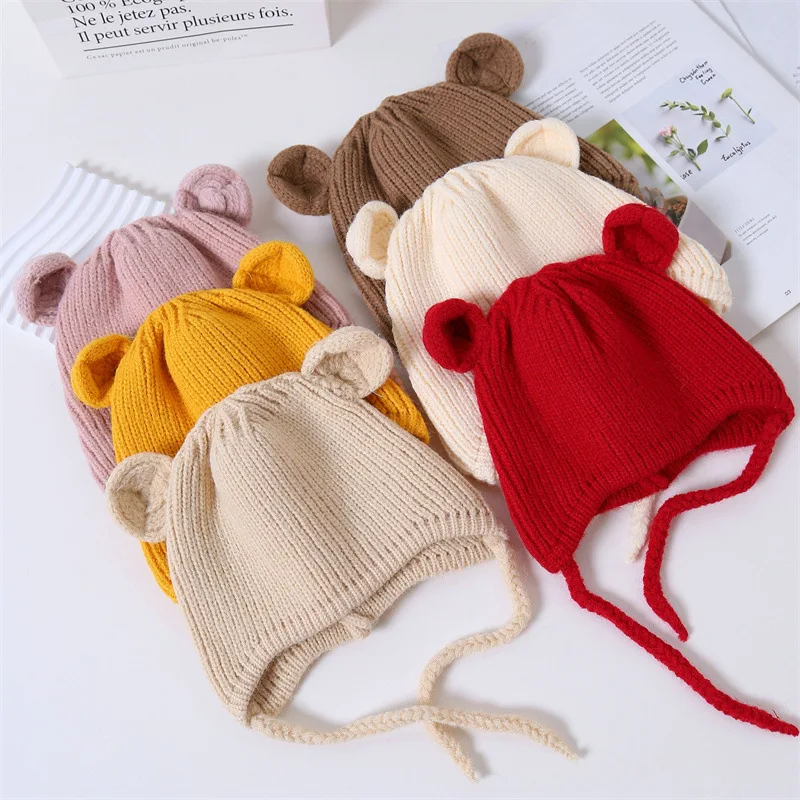 Ear Protection Hat For Baby Kids Autumn Winter Solid Color Soft Knitted ...