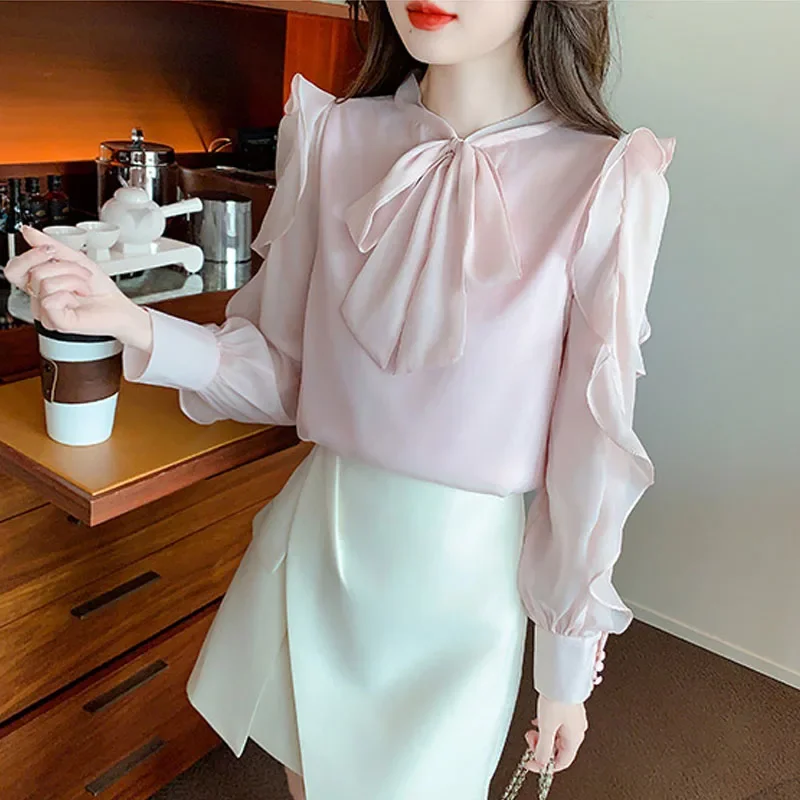 Blusa-de-manga-larga-con-cuello-redondo-Para-Mujer-camisa-de-gasa-con ...