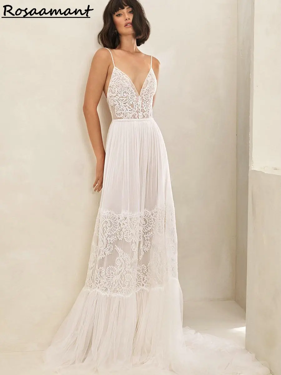 Illusion Backless Wedding Dress A Line Spaghetti Straps Appliques Lace Boho Bridal Gowns