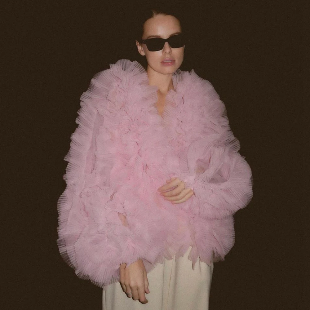 Luxury-Pink-Tulle-Coat-Extra-Puffy-Long-Sleeves-Spot-Tulle-Birthday ...