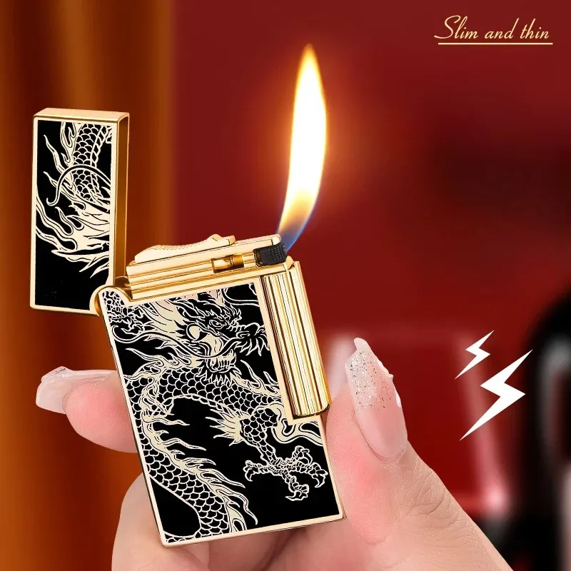 Fashionable Steel Tone Grinding Wheel Open Flame Gas Lighter Side ...