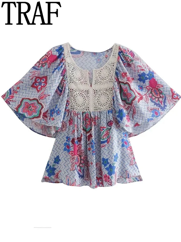 TRAF Print Women Top Patchwork Cut Out Crochet Top Female Wide Short ...