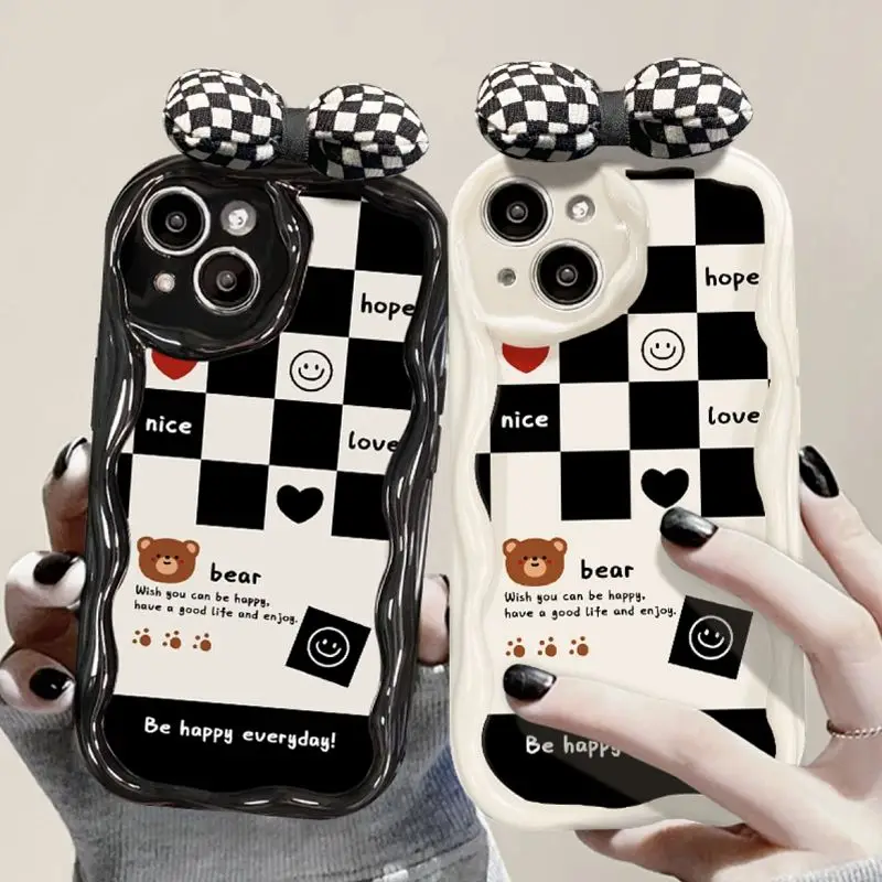 3D Bow Cute Curly Wave Edge Case for Samsung A04 A13 A04S A14 A22 A23 ...