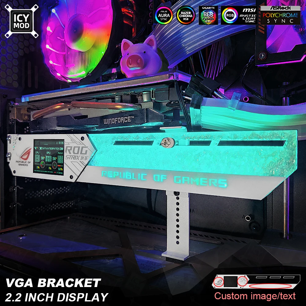 LCD GPU 브래킷, 2.2 인치 디스플레이, 블랙 RGB VGA 지원, 온도 감지, 화이트 수평 비디오 카드 홀더, AURA ...