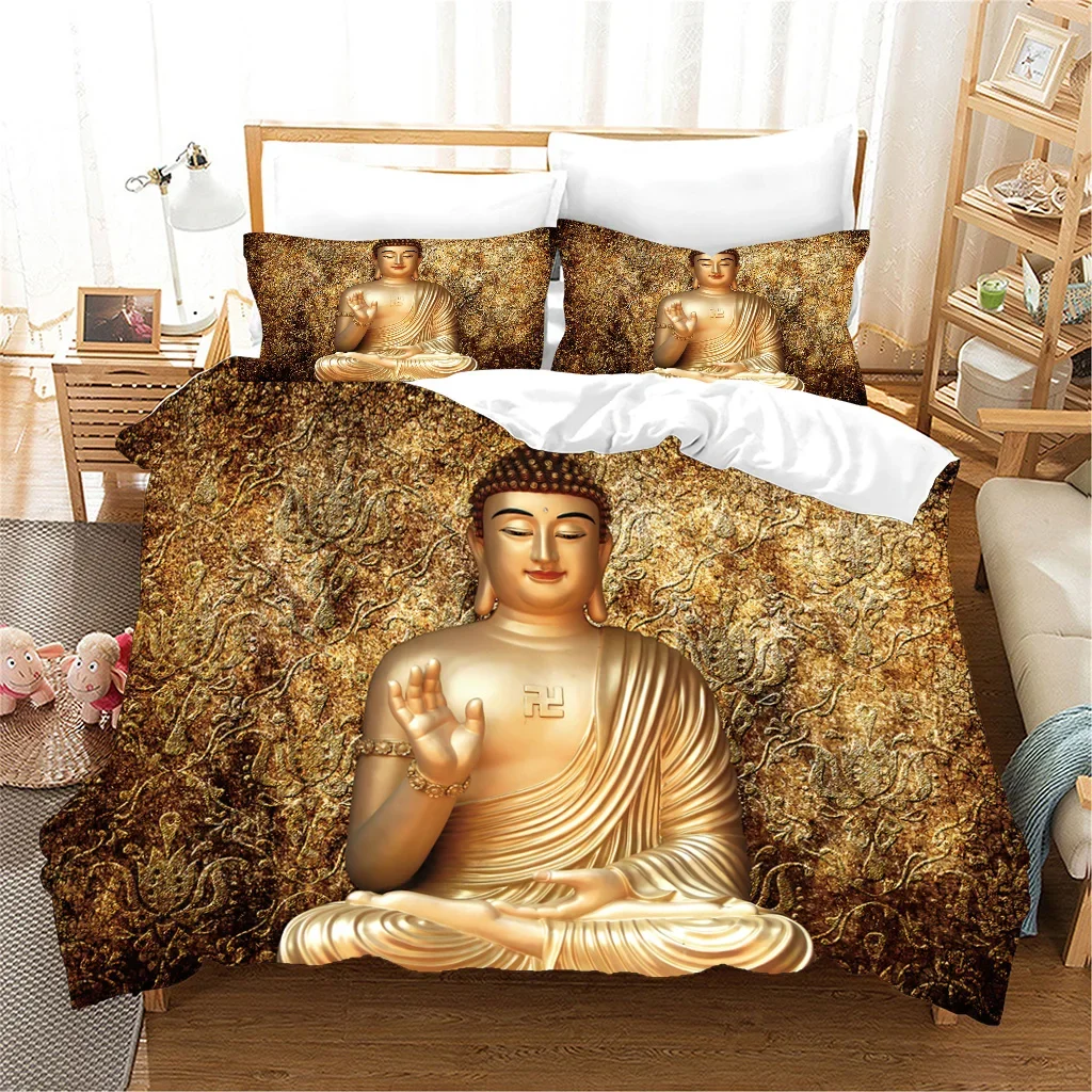 3D-Print-King-Size-Boho-Gold-Zen-Statue-of-Buddha-Design-3pcs-Polyester ...