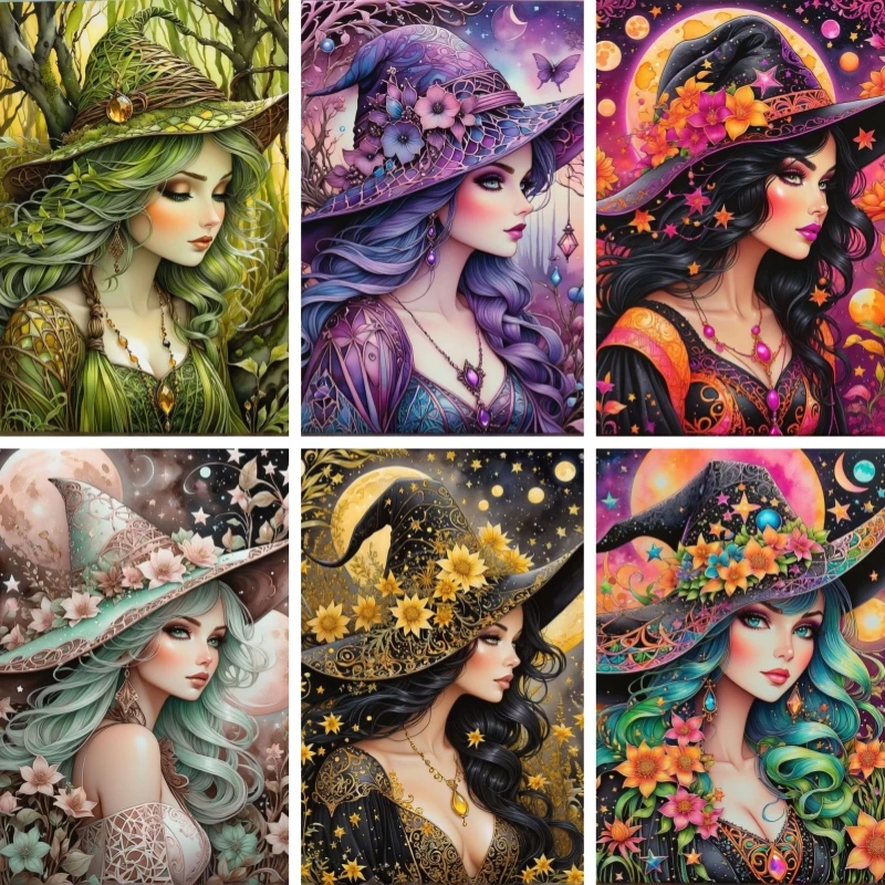 5D Diamond Painting Flower Witch Hat Girl Kit Crafts Decor Mysterious ...
