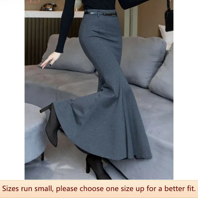 Elegant-Grey-Fish-Tail-Skirt-Women-s-Autumn-winter-Long-Dress-Draped ...