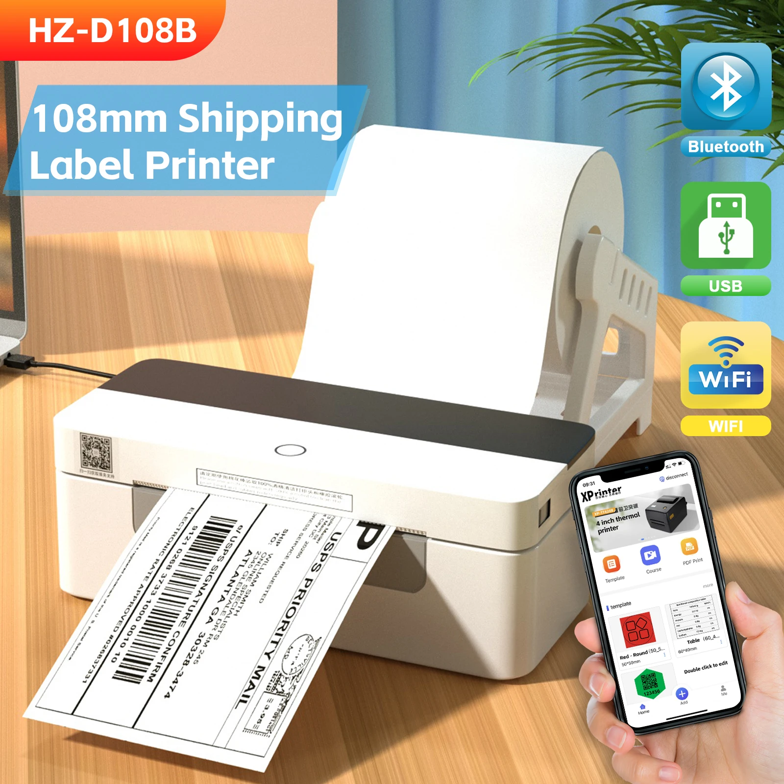HZ-D108B-4X6-Address-Shipping-Label-Thermal-Printer-Barcode-Printer-USB ...