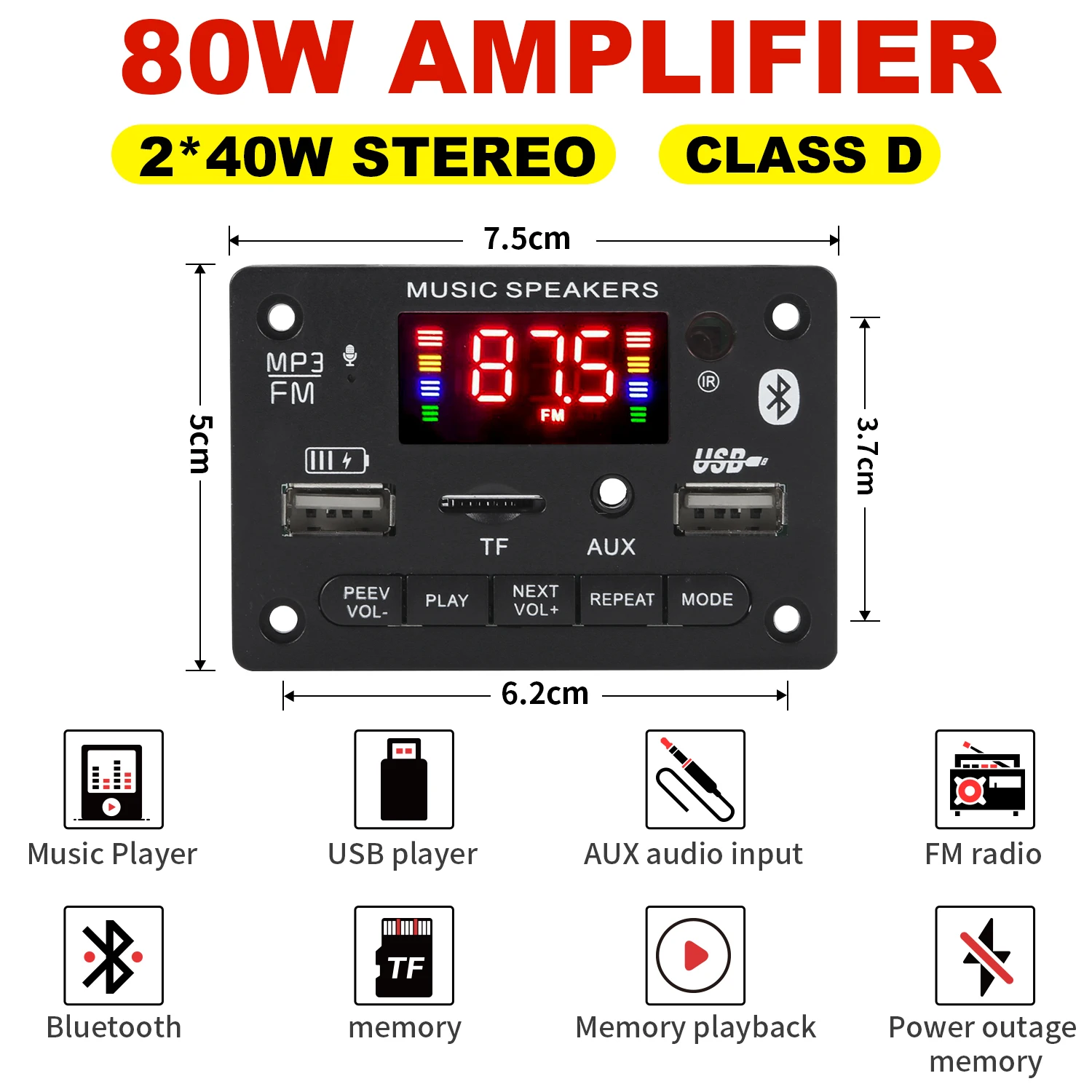 5V-24V 80W Amplifier MP3 Decoder Board Bluetooth 5.0 Wireless Audio ...