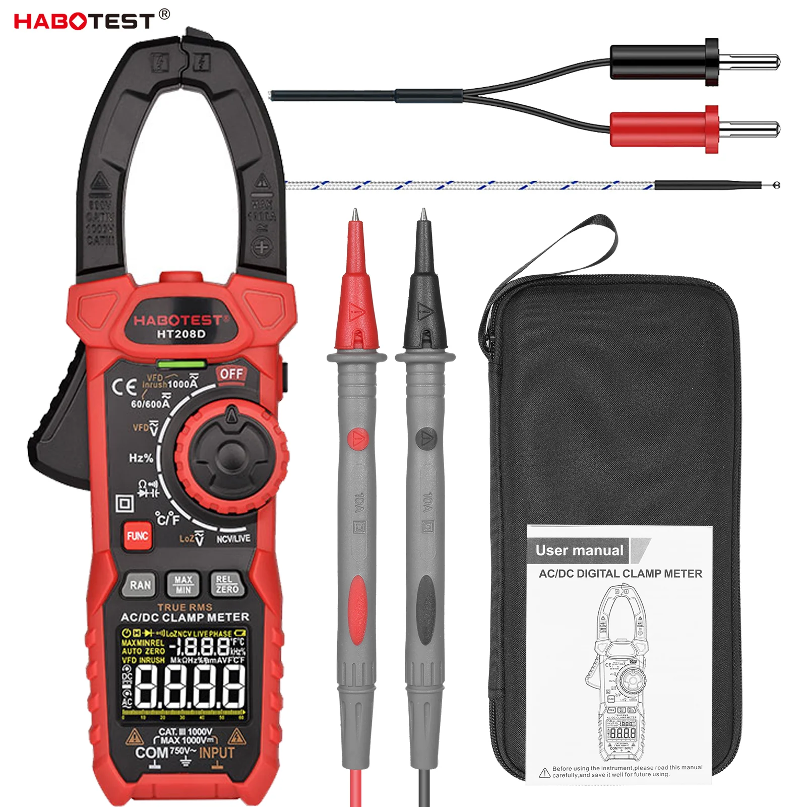 HABOTEST HT208D Digital Clamp Meter AC/DC True-RMS Multimeter Anto ...