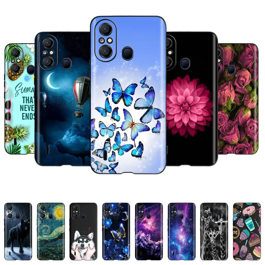 Funda de teléfono con estampado de flores y mariposas para ItelA58 A49, carcasa de TPU negra de ...