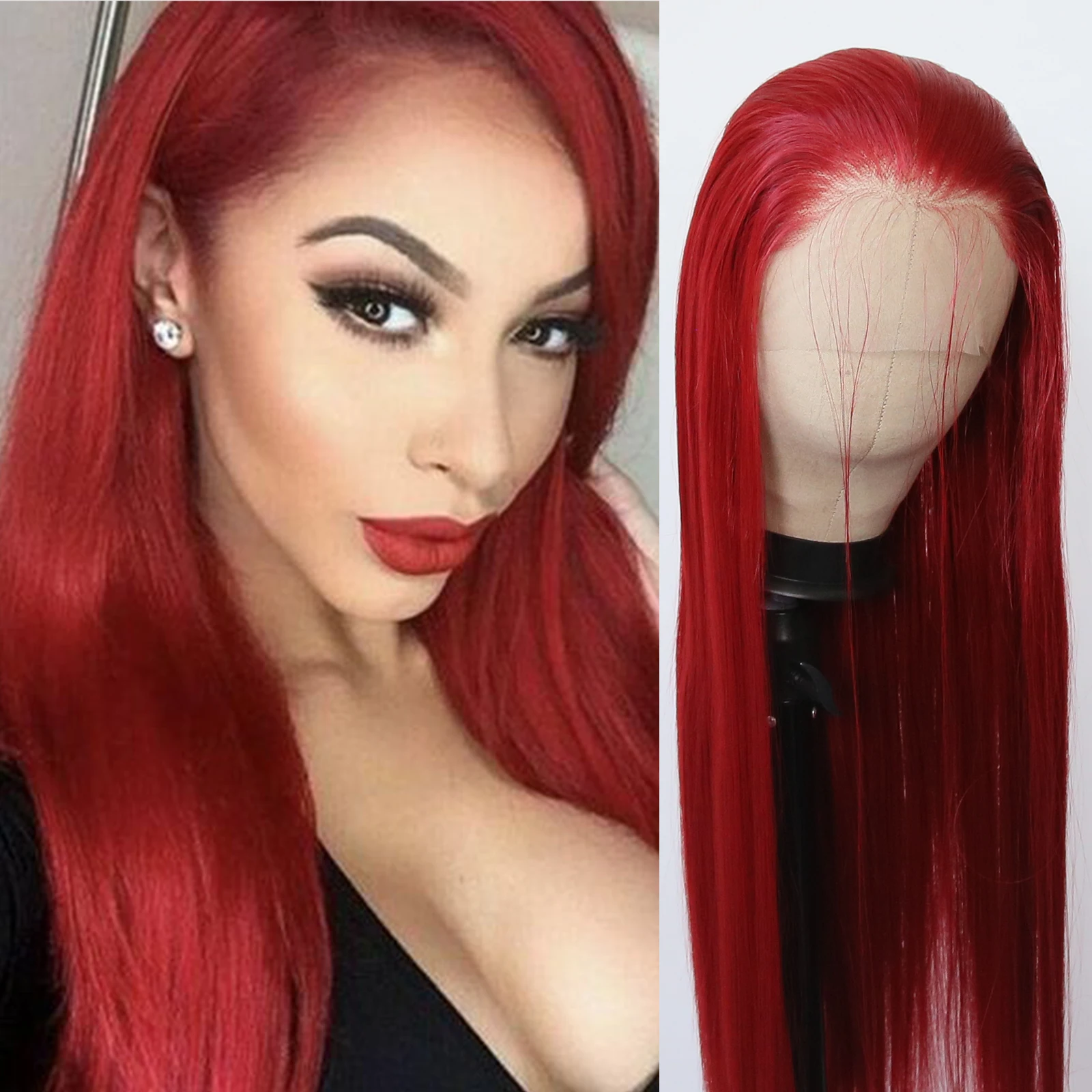 Thiswig-Red-Synthetic-Lace-Front-Wig-Long-Straight-Dark-Red-Hair-Pre ...