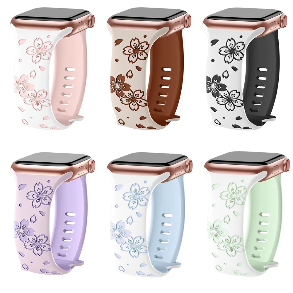 Carved-Cherry-Blossoms-Silicone-Watch-Strap-For-Apple-Watch-Bands-49mm ...