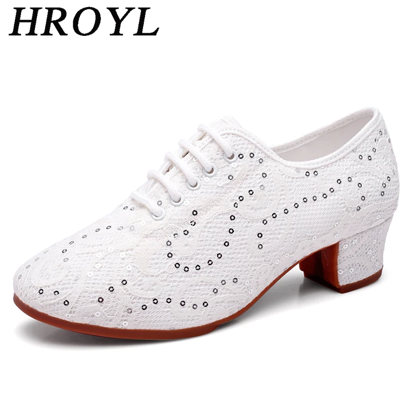 Hroyl Ballroom Latin Dance Shoes For Women Breathable Lace Mesh Salsa ...