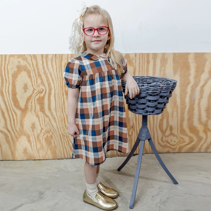 Girls-dresses-plaid-family-set-summer-short-sleeves-gathered-on-chest ...
