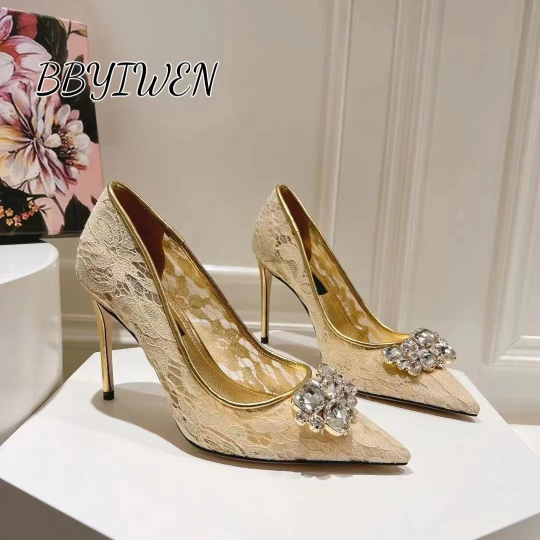 New-Lace-Mesh-High-Heel-Sandals-Pointed-High-Heels-With-Drill-Round ...