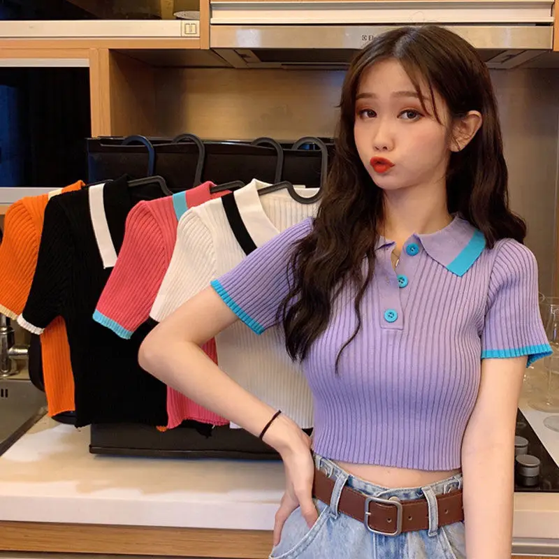 new fashion bare midriff girl short sweater summer knitted t shirt slim ...