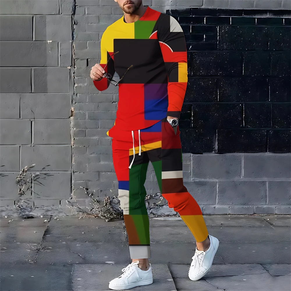 Fashion Color Block 3D Print Men's Sportswear Set Casual Long-Sleeved T ...