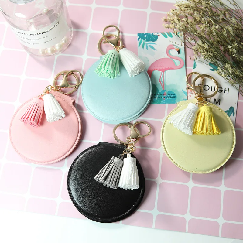 Mini-Round-PU-Makeup-Mirror-Cute-Tassel-Portable-Makeup-Mirror-Keychain ...