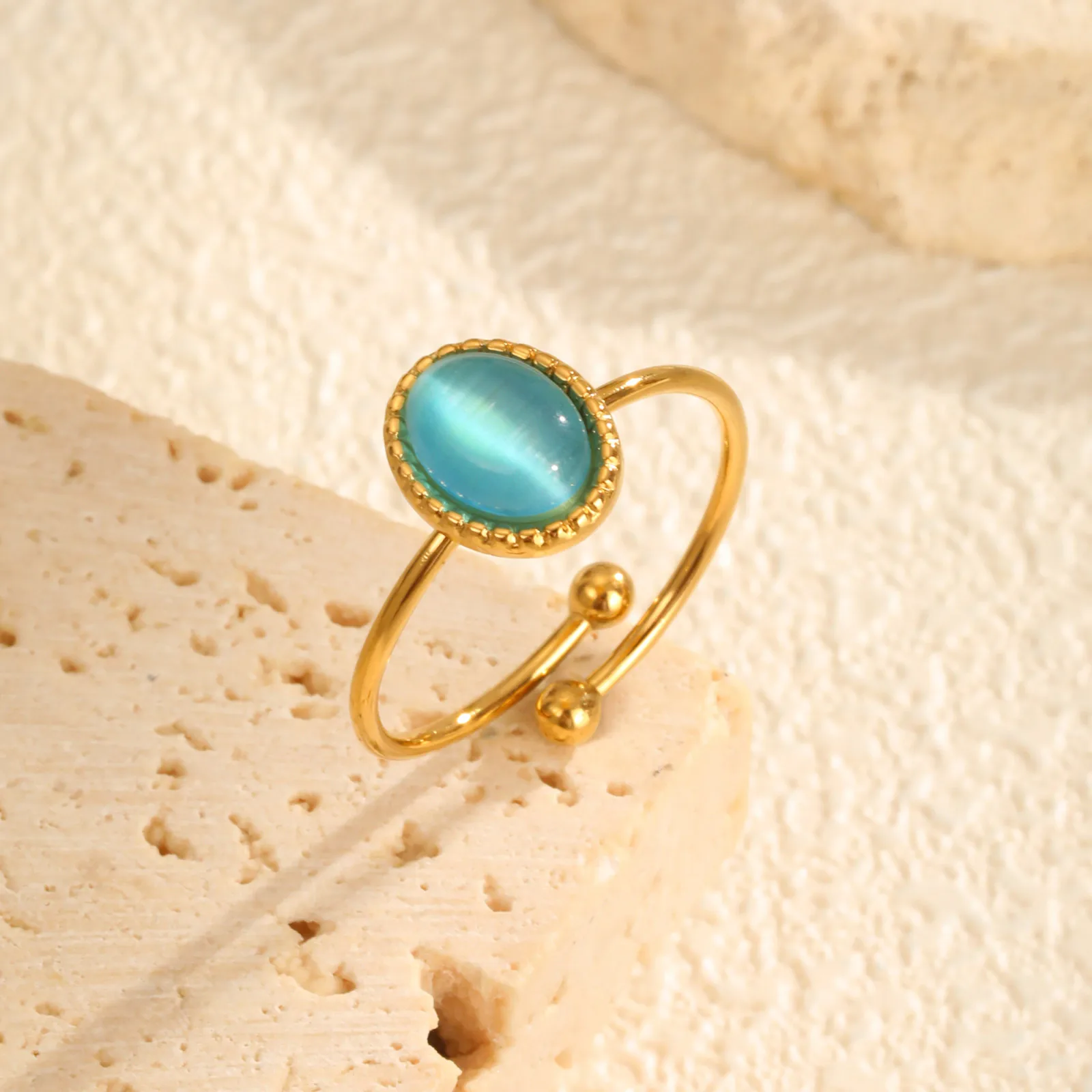 Chic Oval Light Blue Cat Eye Opening Ring,Gold Color Women's Stainless ...