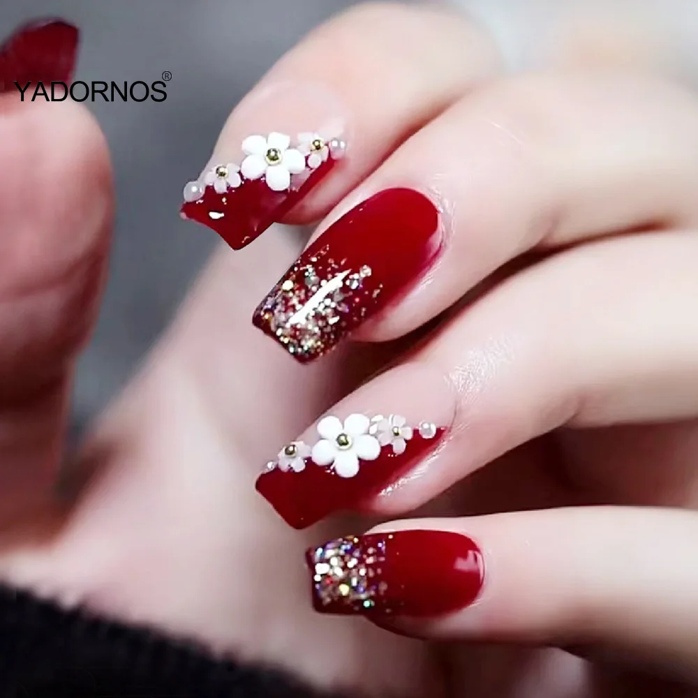 24Pcs Full Cover Fake Nails with 3D White Flower Design Full Cover ...