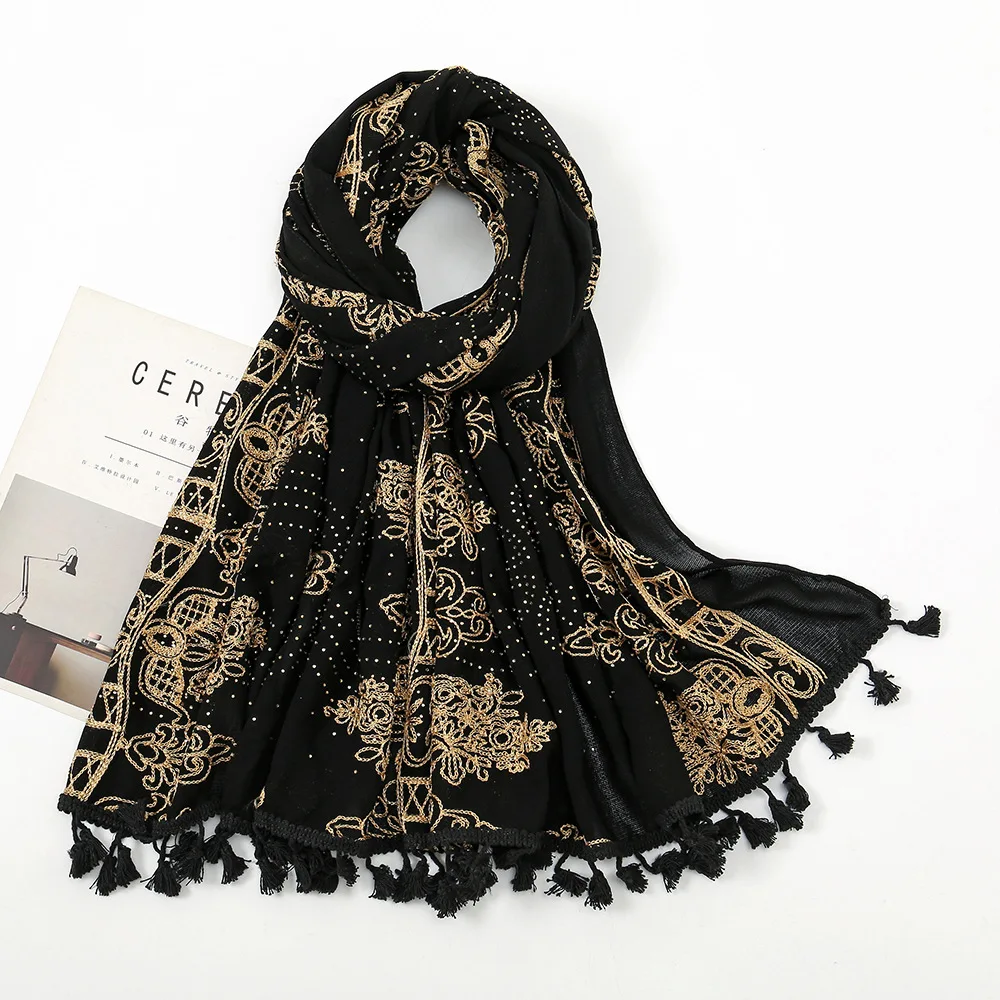Foulard-Azt-que-en-Viscose-avec-Pompon-Floral-en-Or-Bronzant-Foulard-en ...
