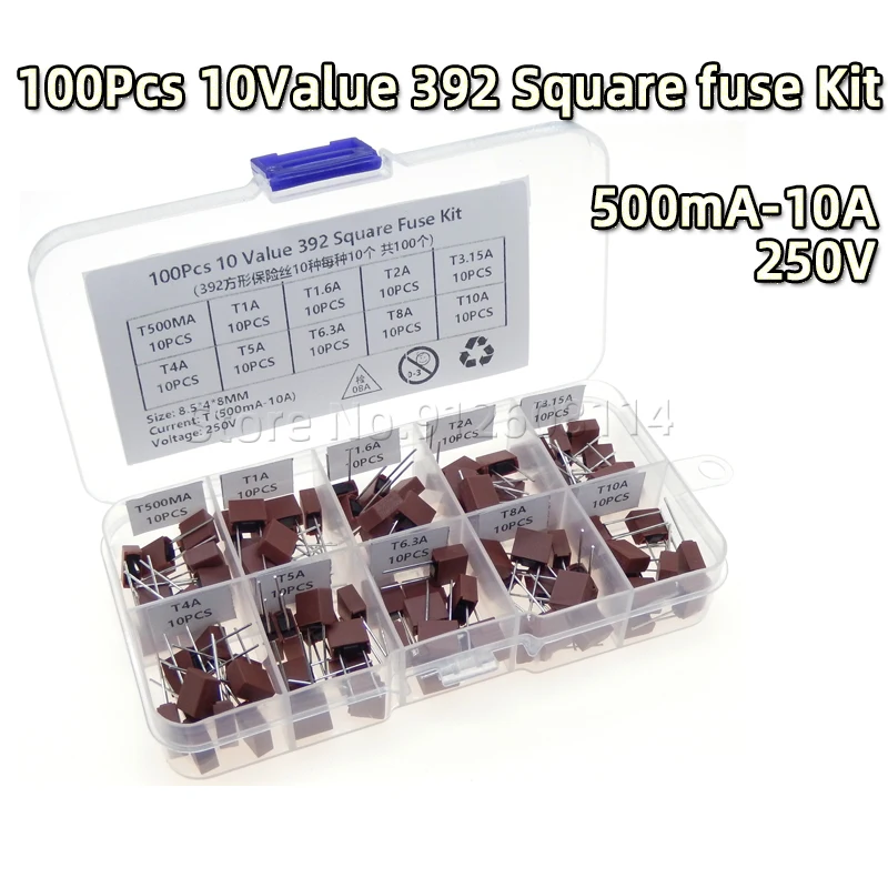 50/100PCS 392 Square Plastic Fuse Assortment Kit T500mA-T10A 250V ...