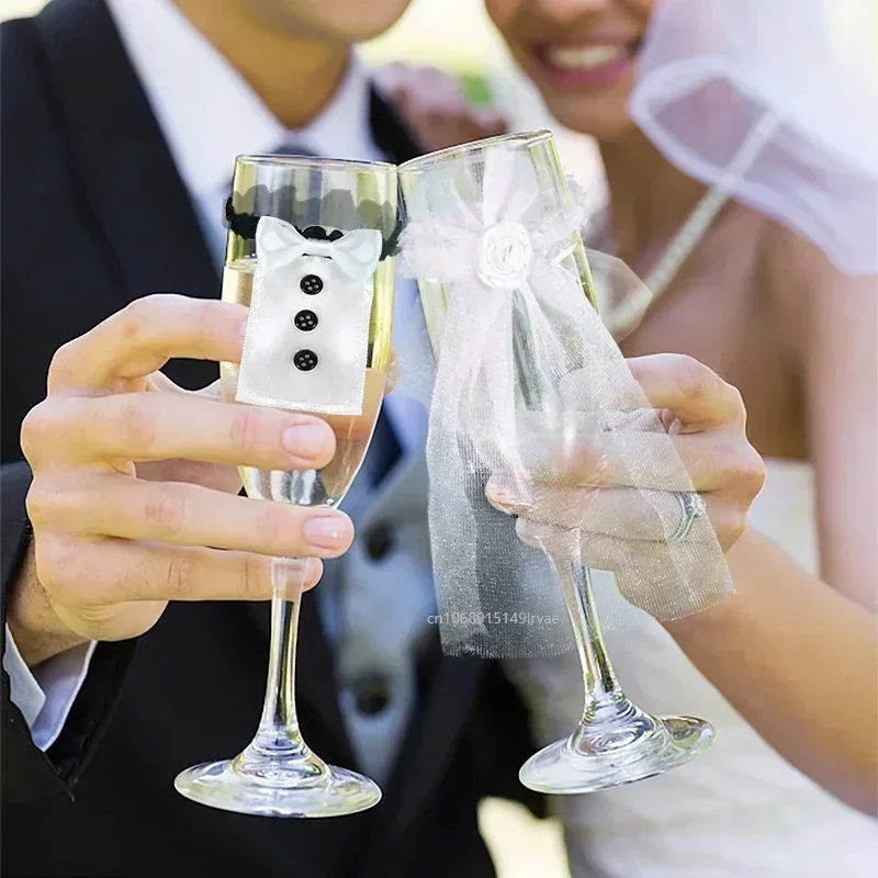 2Pcs Marriage Bride And Groom Wine Cups Wraps Champagne Glass Bottles ...