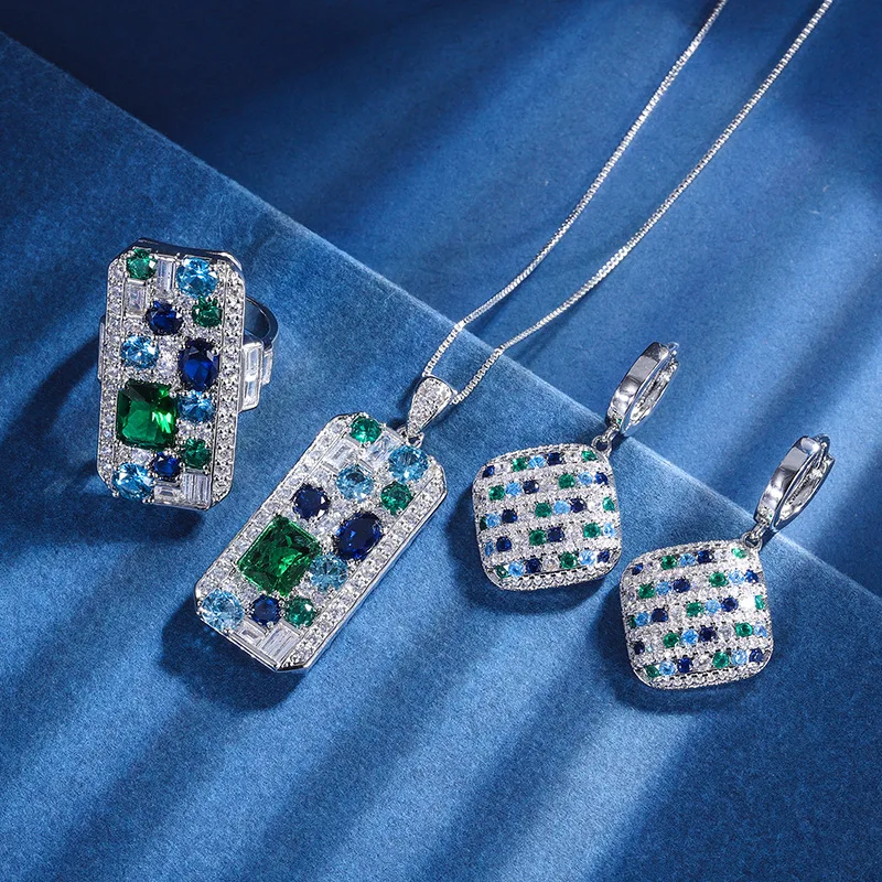 SUYU-Fashionable-Blue-Green-Set-Design-Square-Color-Block-Zircon-Micro ...