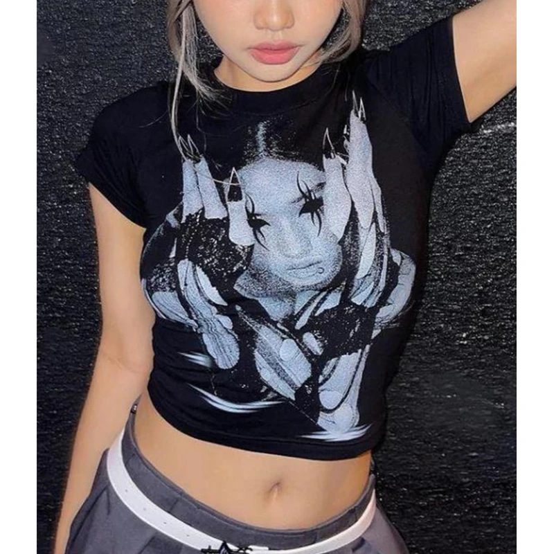 y2k Clothes Graphic Crop Top Aesthetic Women Round Neck Short Sleeve T Shirts 2000s Gothic Tees ...