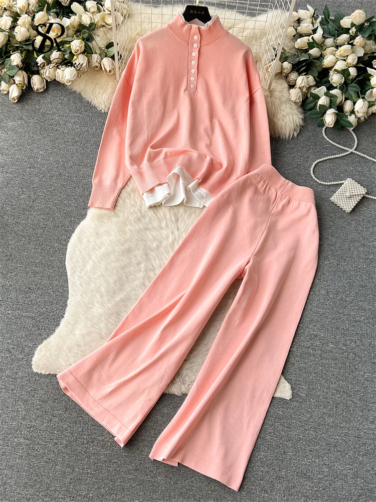 Singreiny 2023 Autumn Women Suits Knitted Half High Collar Buttons