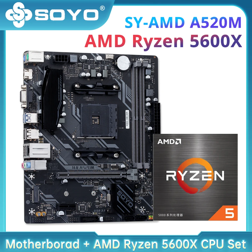 SOYO ใหม่เอี่ยม Dragon A520เมนบอร์ด AMD Ryzen 5 5600X ชุด CPU NVME USB3 ...