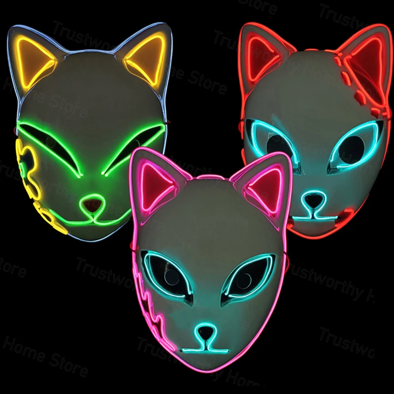 Demon Slayer Fox Mask LED Halloween Mask Glowing Cosplay Ghost Blade ...