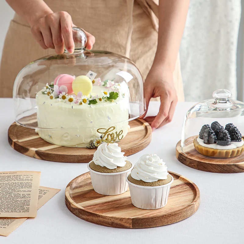 Modern-Round-Wooden-Cake-Tray-with-Glass-Cover-Dessert-Bread-Display ...