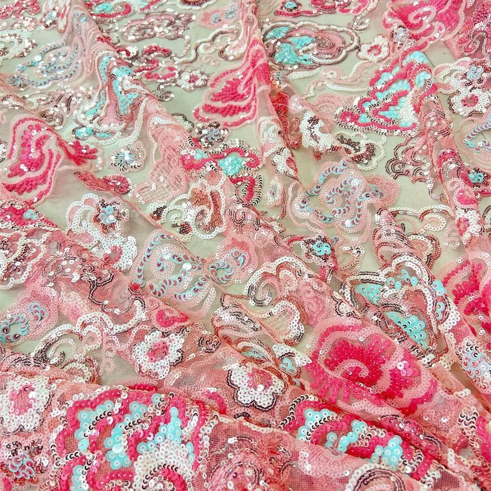 Embossed-Sequin-Lace-Net-Fabric-Bronzing-Pink-Rose-Design-Sewing ...