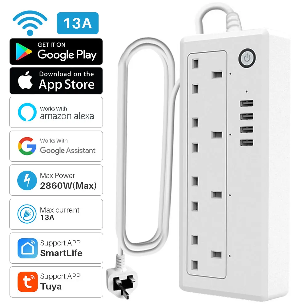 Tuya Smart WiFi UK Power Strip Plug With 4 Smart Socket 4 USB Ports ...