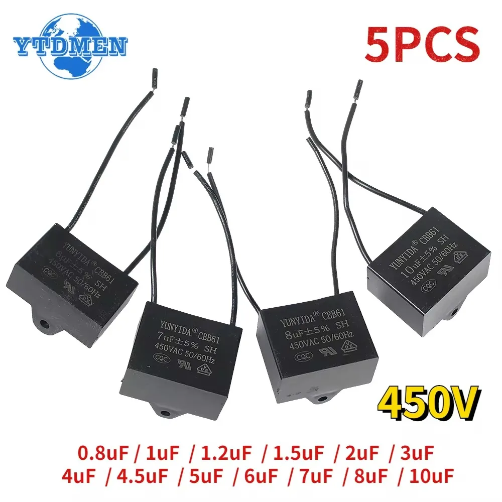 5PCS CBB61 Capacitor 450vac Fan Starting Capacitors 450V 0.8uF 1uF 1 ...
