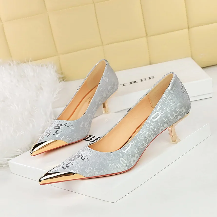 BIGTREE Shoes Metal Pointed End Women Pumps Silks Satins Low Heel ...