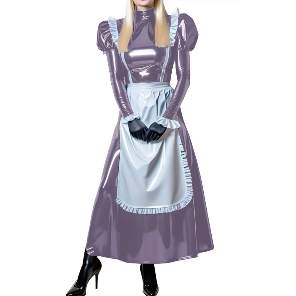 French Maid Uniform Dress, Long Puff Sleeve, Wet PVC Leather, Halloween ...