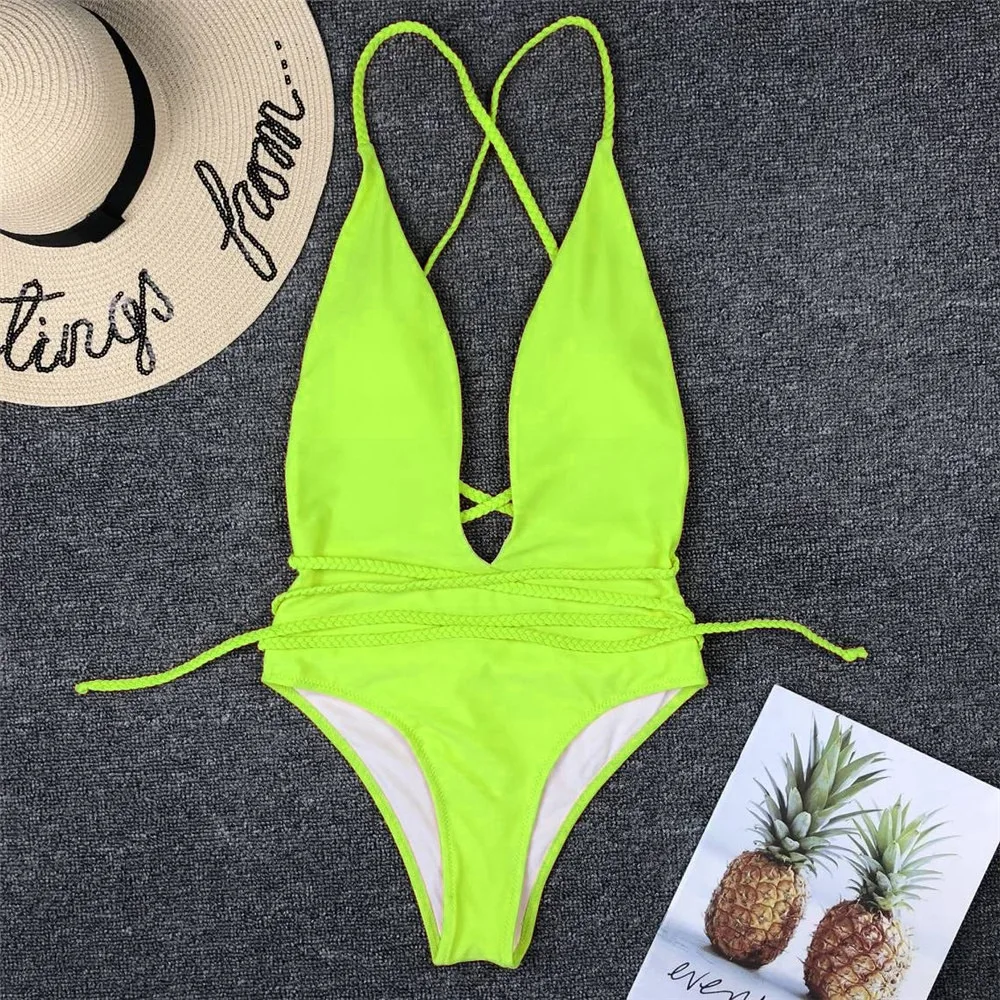 Swimwear Women Neon Green Cut Out Lace Up One Piece Swimsuit Solid Deep
