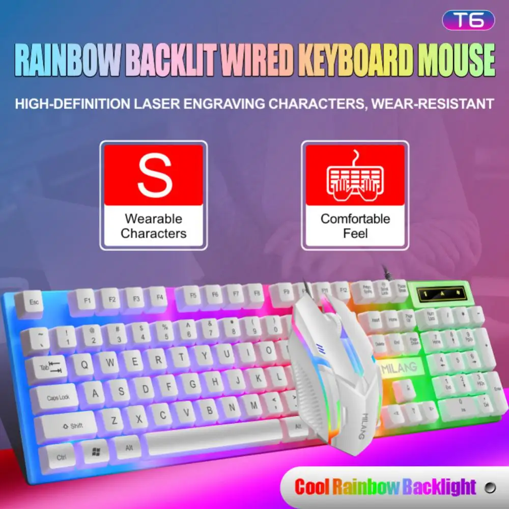 T6 USB Wired Keyboard Mouse Set Rainbow LED Backlight Gaming Keyboard ...