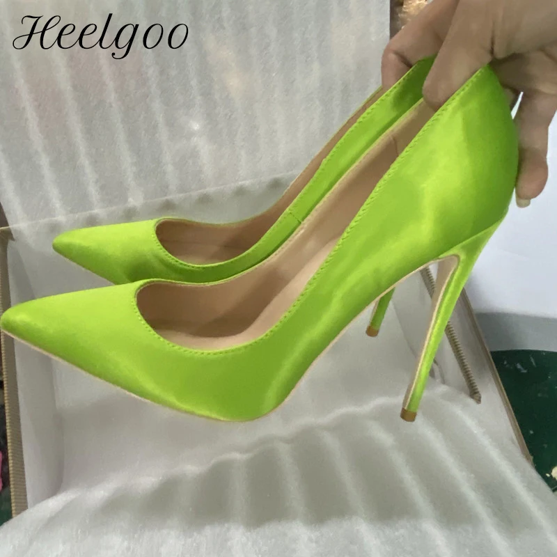 Heelgoo Solid Fluo Green Satin Silk Women Pointy Toe High Heel Shoes ...