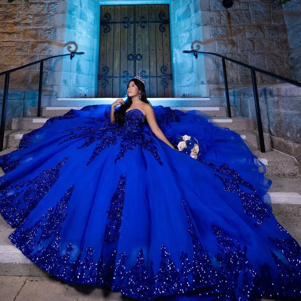 Vestido-De-baile-azul-para-quincea-era-traje-largo-De-cola-con-volantes ...